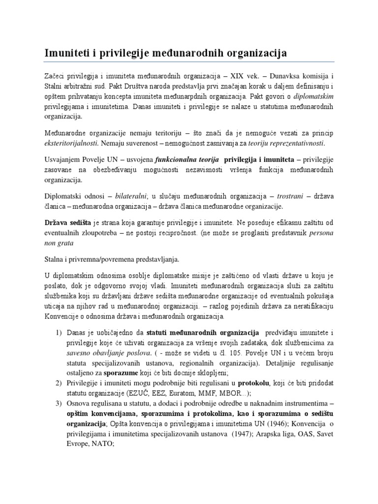 Imuniteti I Privilegije Međunarodnih Organizacija | PDF