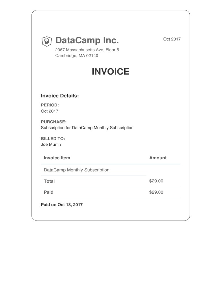 Joe Murfin's October 2017 Invoice for Monthly DataCamp Subscription | PDF