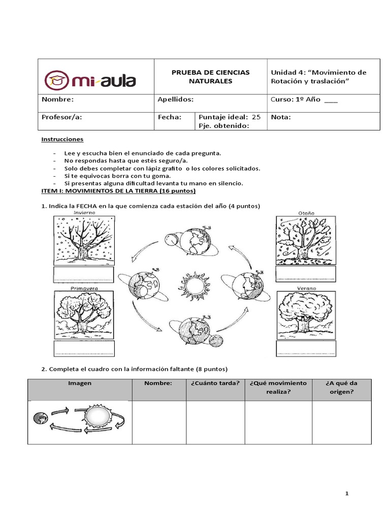 Prueba Movimientos de La Tierra Priemr Año | PDF | Tierra | Luna