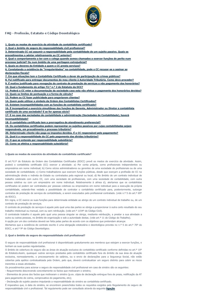FAQ - Profissão, Estatuto e Código Deontológico - OCC - Ordem Dos ...