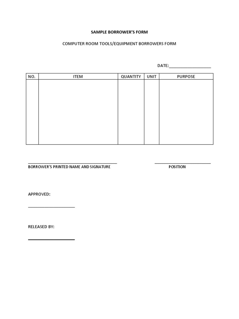 Computer Room Tools/Equipment Borrowers Form: Sample Borrower'S Form | PDF