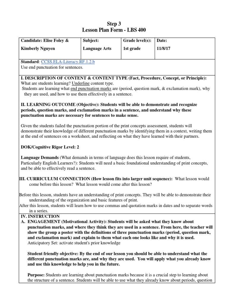 Lesson Plan Punctuation Pdf Punctuation Lesson Plan