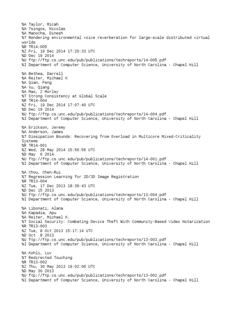UNC Computer Science Department Technical Reports: Summaries of ...