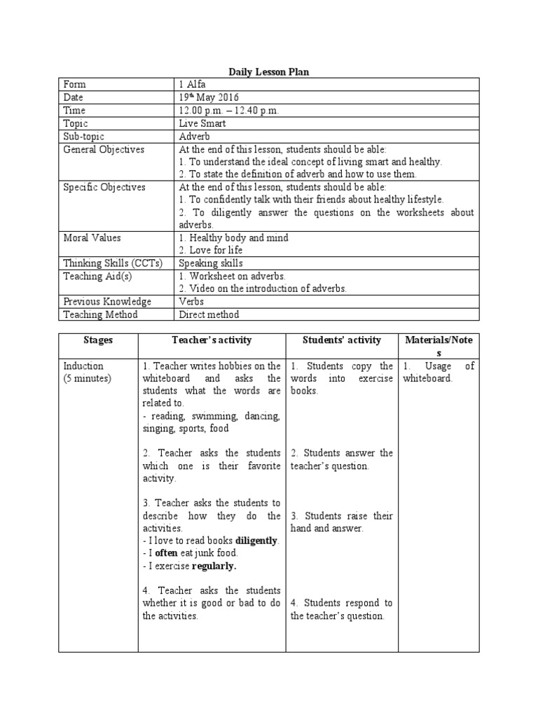 Lesson Plan - Adverb | Download Free PDF | Lesson Plan | Adverb