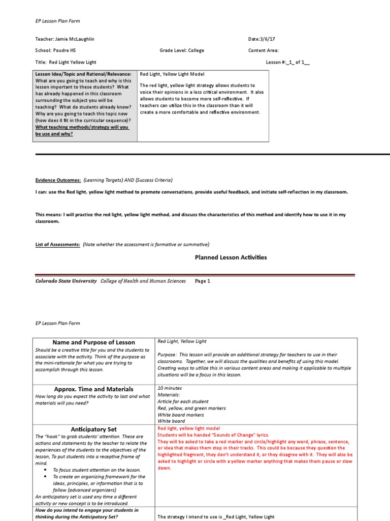 MTV Mini Lesson - Red Light Yellow Light | PDF | Lesson Plan ...