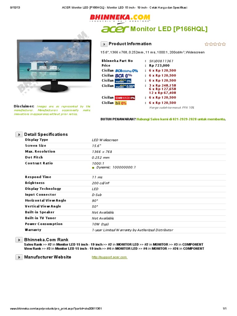 ACER Monitor LED (P166HQL) - Monitor LED 15 Inch - 19 Inch - Cetak ...