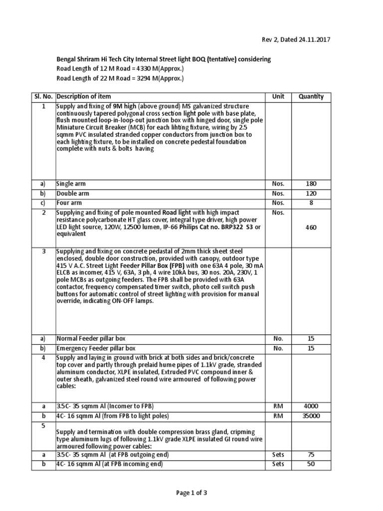 Internal Road Light BOQ, Rev 2 | PDF | Wire | Switch