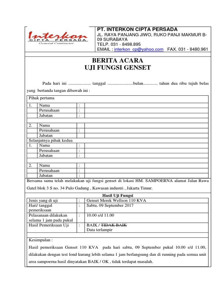 Berita Acara Test Genset | PDF