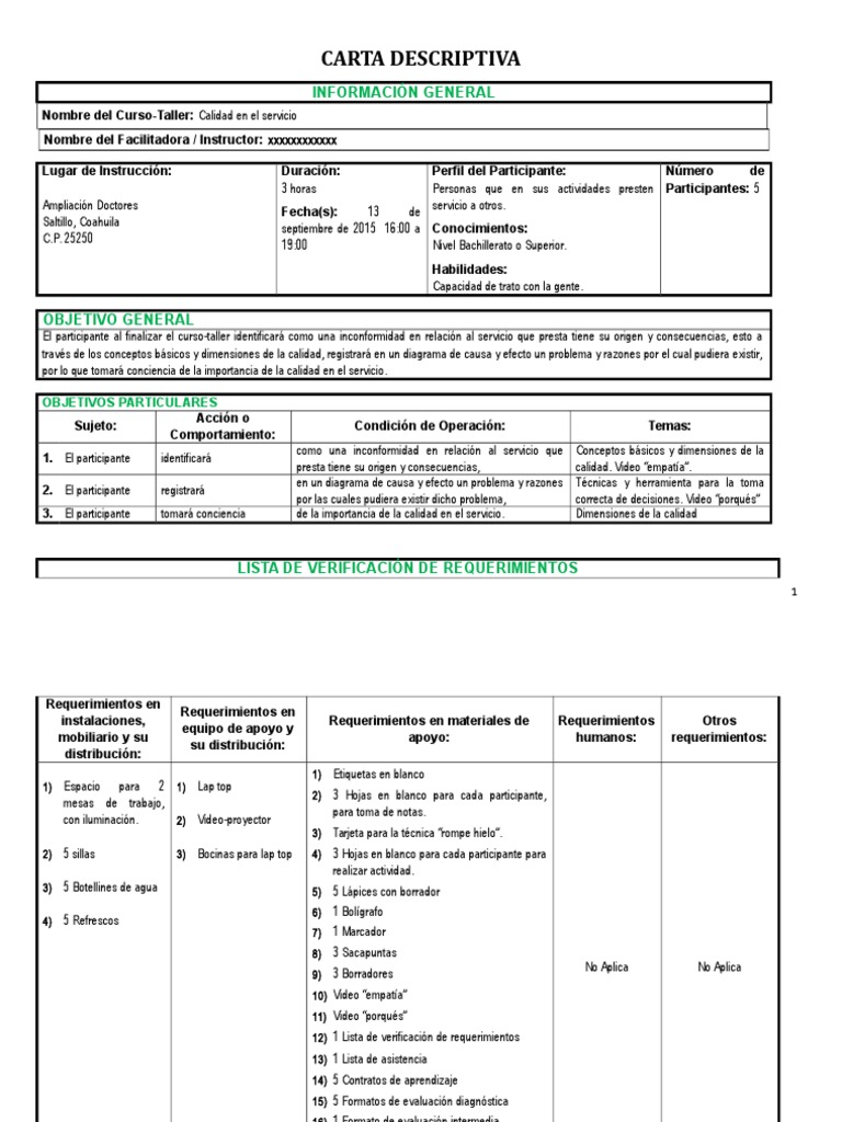 Carta Descriptiva de Ejemplo | PDF | Evaluación | Cognición