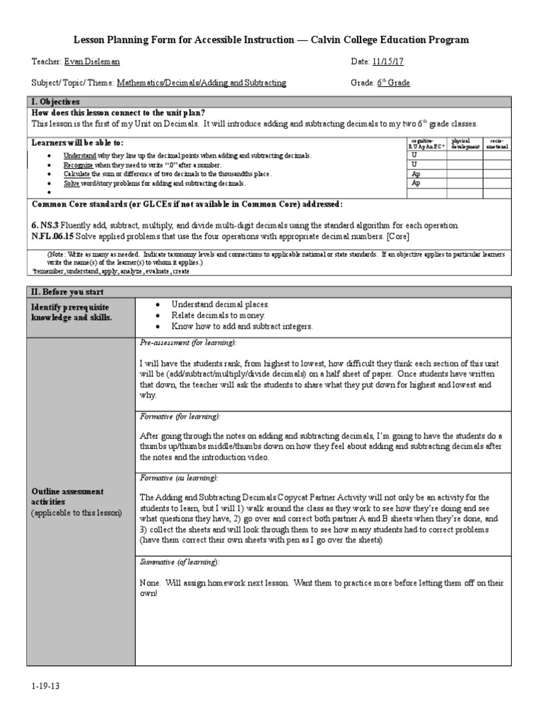 Lesson Plan 1 | PDF | Subtraction | Lesson Plan