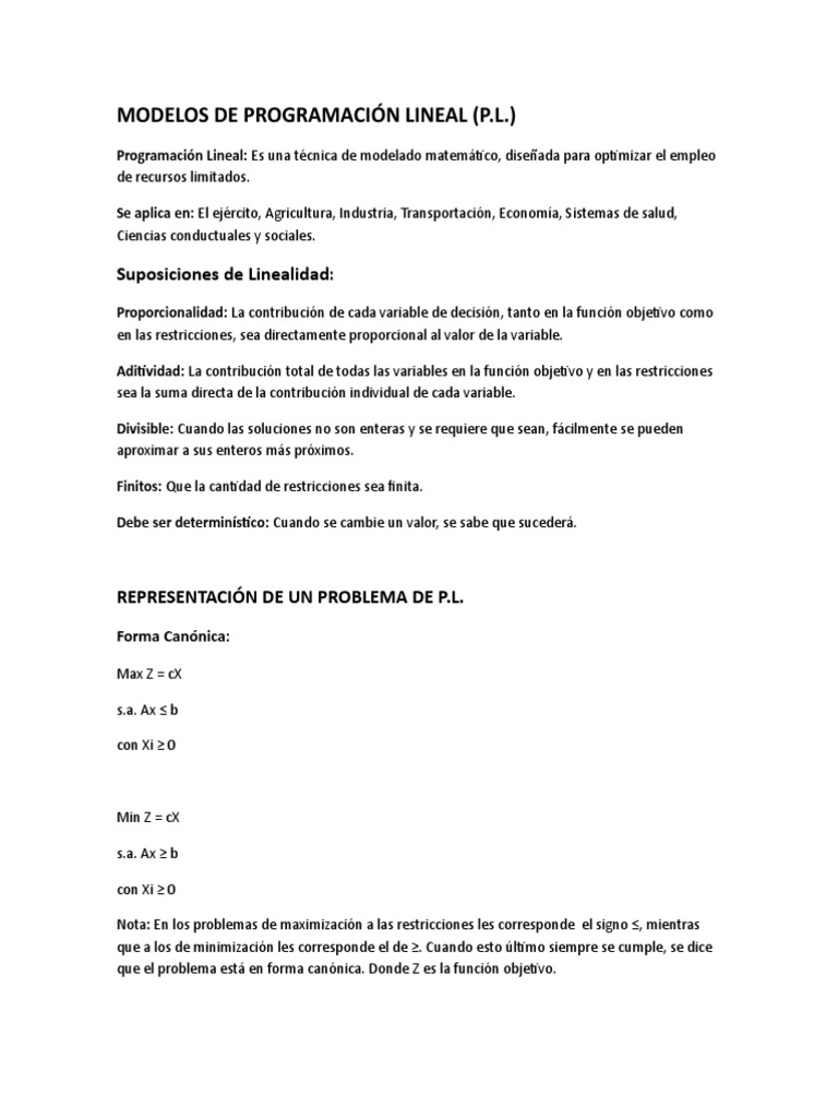 1 Modelos de Programacion Lineal. Forma Canónica. | PDF | Programación lineal | Desigualdad ...