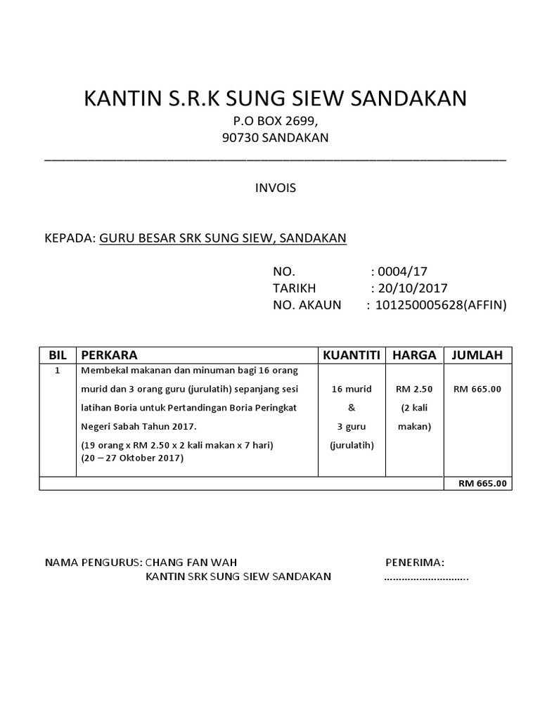 Contoh Invois Kantin