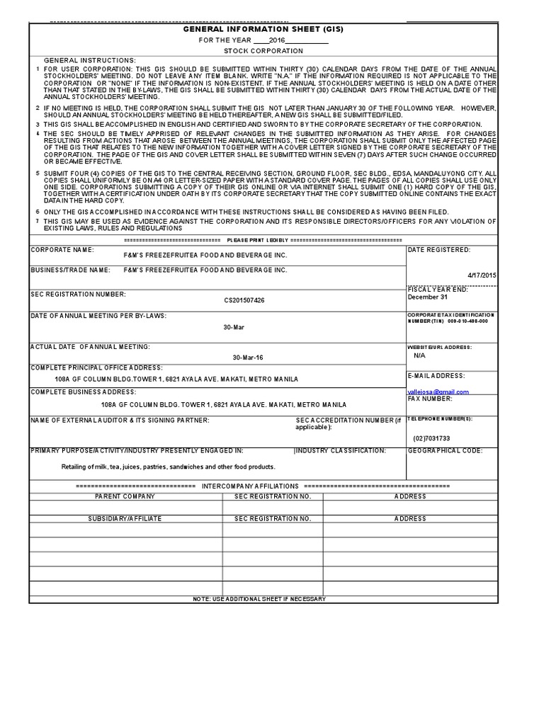 General Information Sheet (Gis) : FOR THE YEAR - 2016 - Stock ...