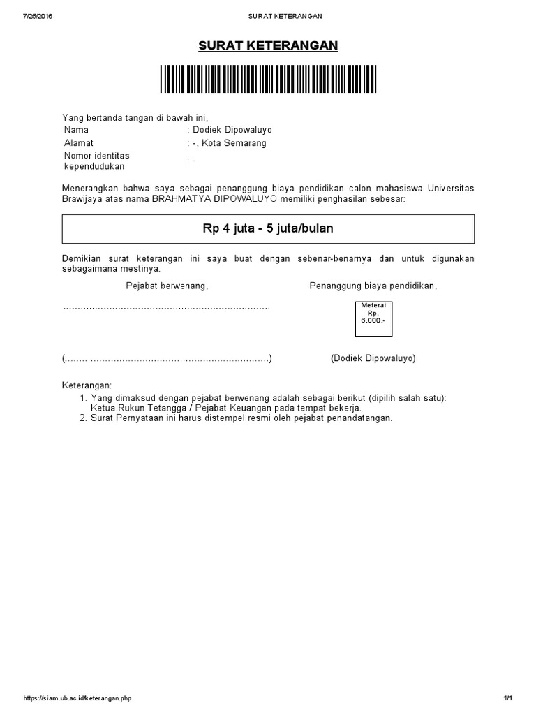 Surat Keterangan Penghasilan UB | PDF