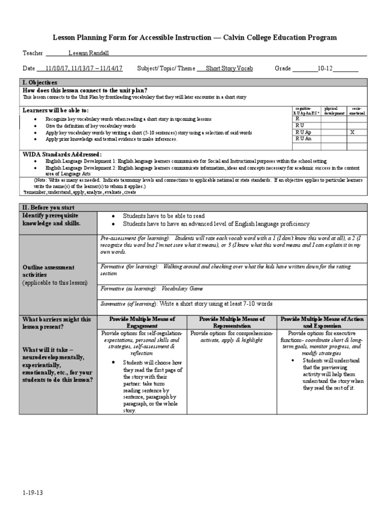 Unit Plan Lesson 1 - Vocab | PDF | Vocabulary | English As A Second Or ...