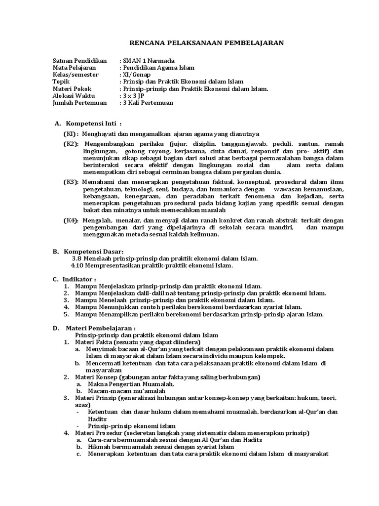 3 RPP Prinsip Prinsip Dan Praktik Ekonomi Dalam Islam | PDF