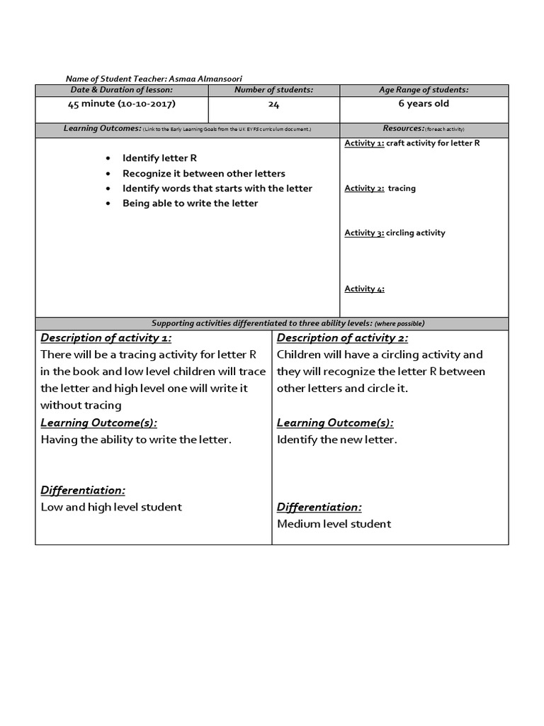 Letter R Lesson Plan | PDF | Lesson Plan | Teachers