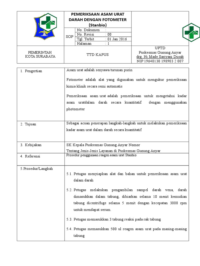 Sop Pemeriksaan Asam Urat (Stanbio) | PDF