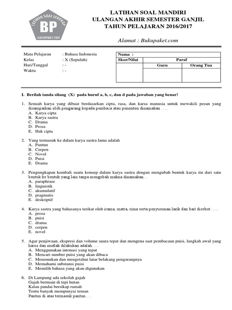 Latihan Soal UAS Bahasa Indonesia Kelas 10 Semester 1 PDF | PDF