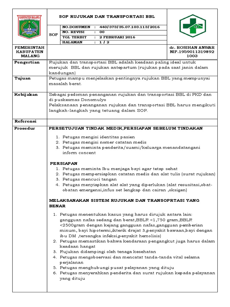 Sop Rujukan Dan Transportasi BBL | PDF