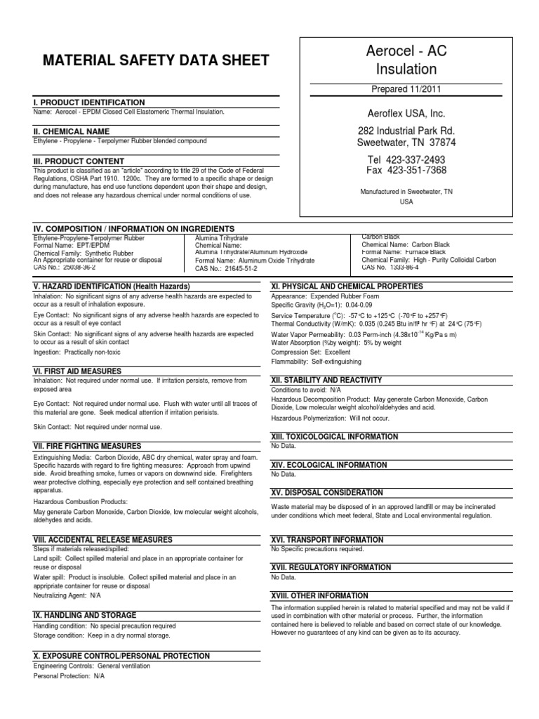 Aerocel Ac Epdm Msds | PDF | Firefighting | Carbon