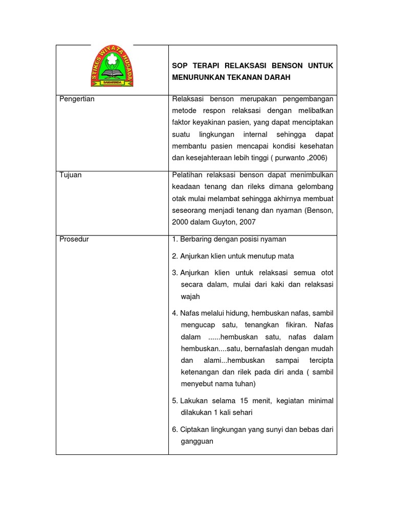 Sop Terapi Relaksasi Benson Untuk Menurunkan Tekan | PDF