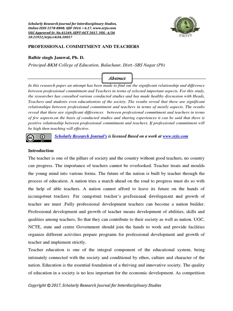 PROFESSIONAL COMMITMENT AND TEACHERS | Teachers | Work–Life Balance