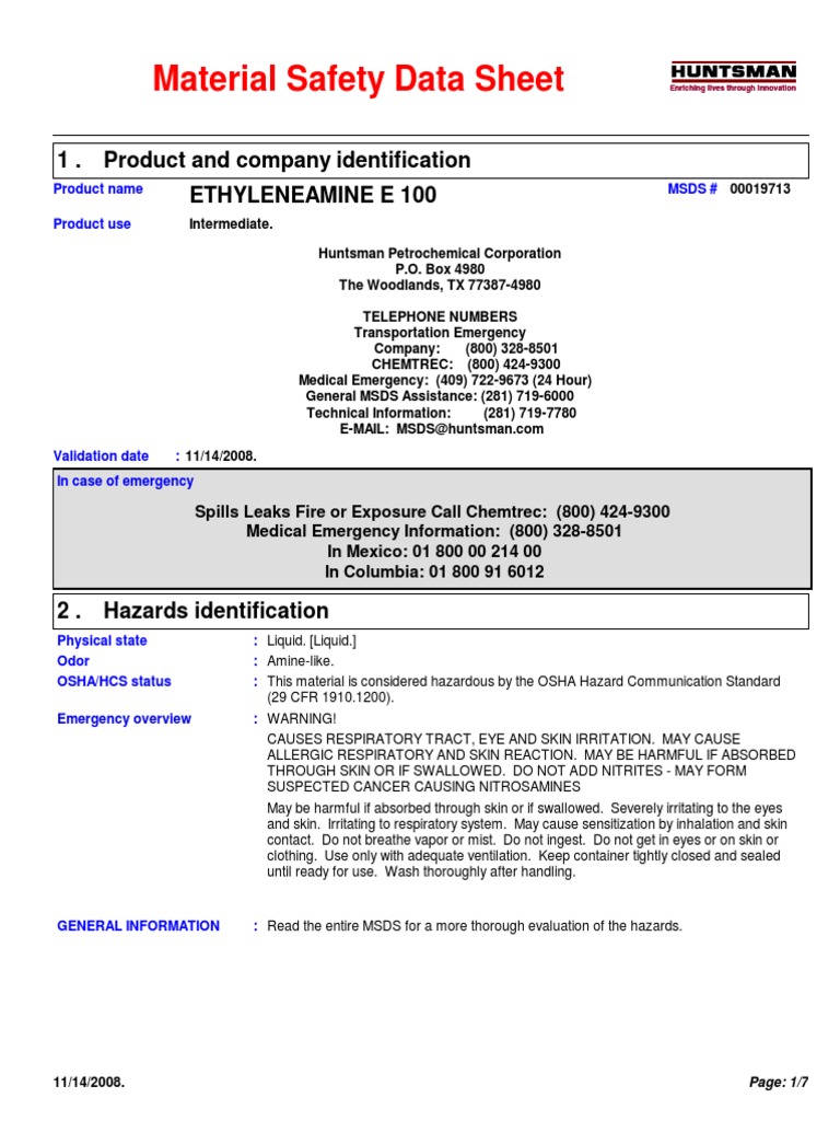 2142 Ethyleneamine e 100 (English (Us) ) Am Iss Msds (Ansi z400.1) v3.4 ...