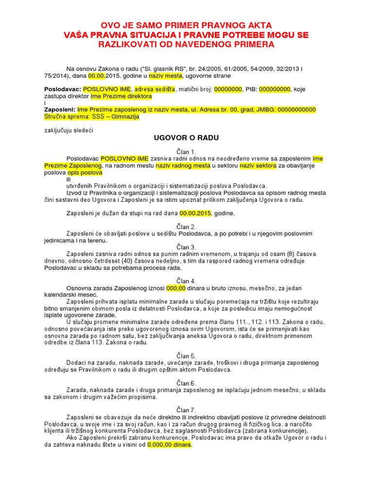 Primer Ugovora o Radu | PDF