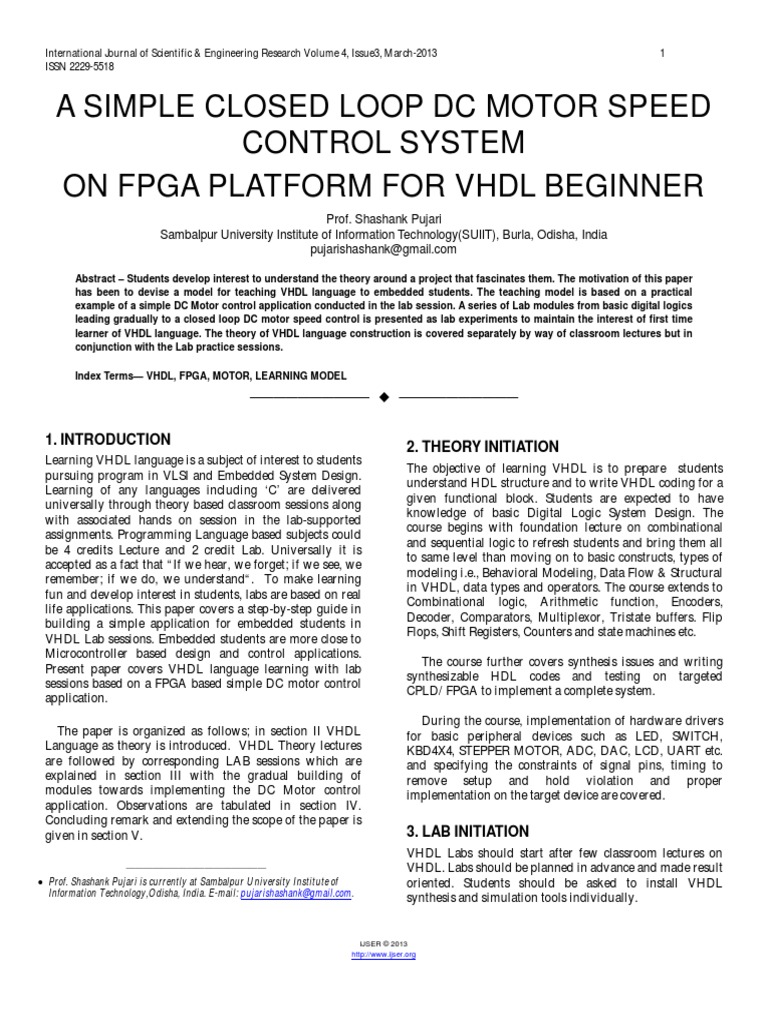 A Simple Closed Loop DC Motor Speed Control System On Fpga Platform For VHDL Beginner | PDF ...