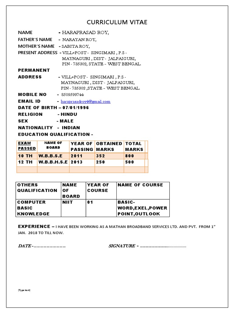 Curriculum Vitae: Name - Haraprasad Roy | PDF | Business