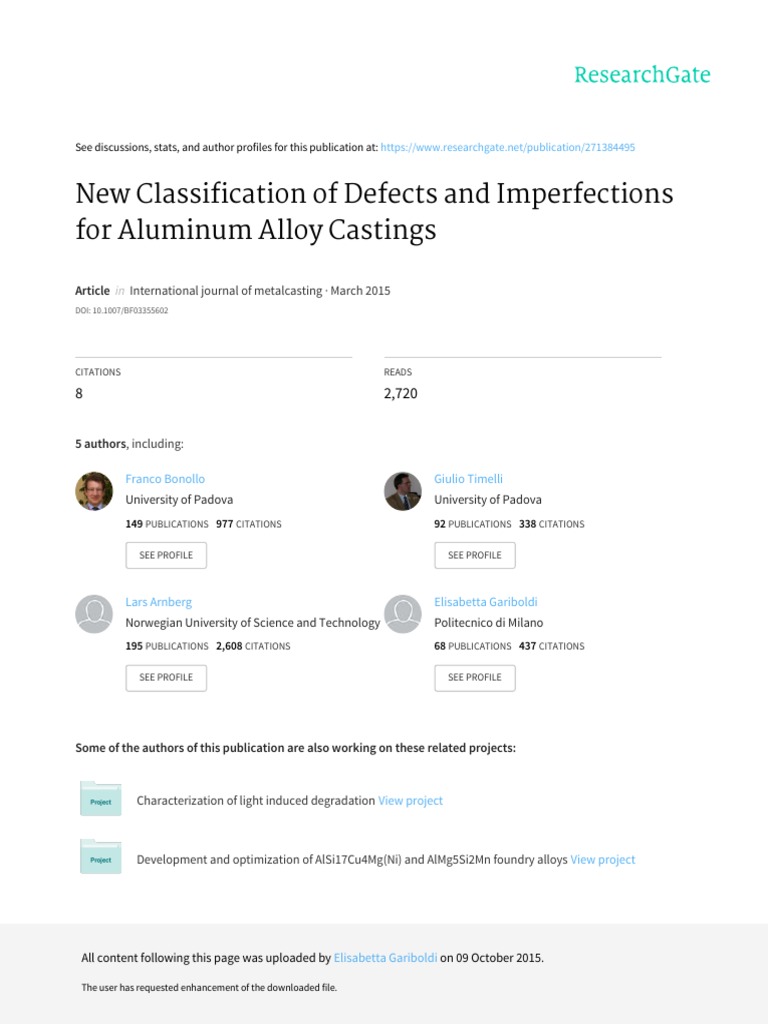Int J Metal Casting 2015 Defect Classification | PDF | Casting ...