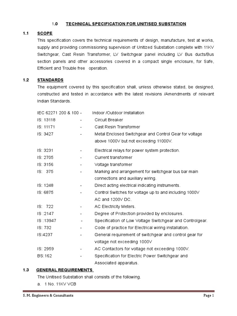Unitised Substation Spec | PDF | Transformer | Electrical Wiring