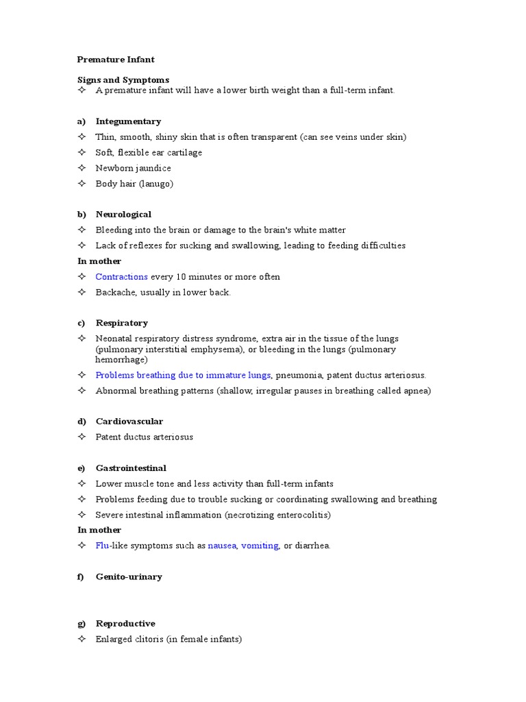 Premature Infant Signs and Symptoms: Contractions | PDF