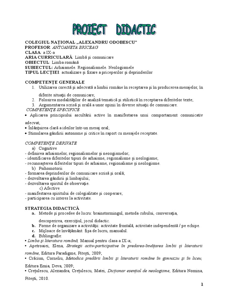 Proiect Didactic Clasa A IX-A | PDF
