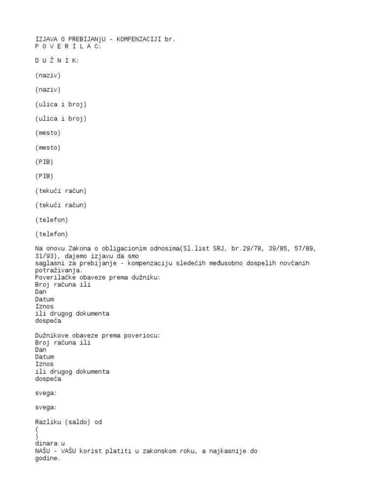 Izjava o Prebijanju Kompenzacija PDF | PDF