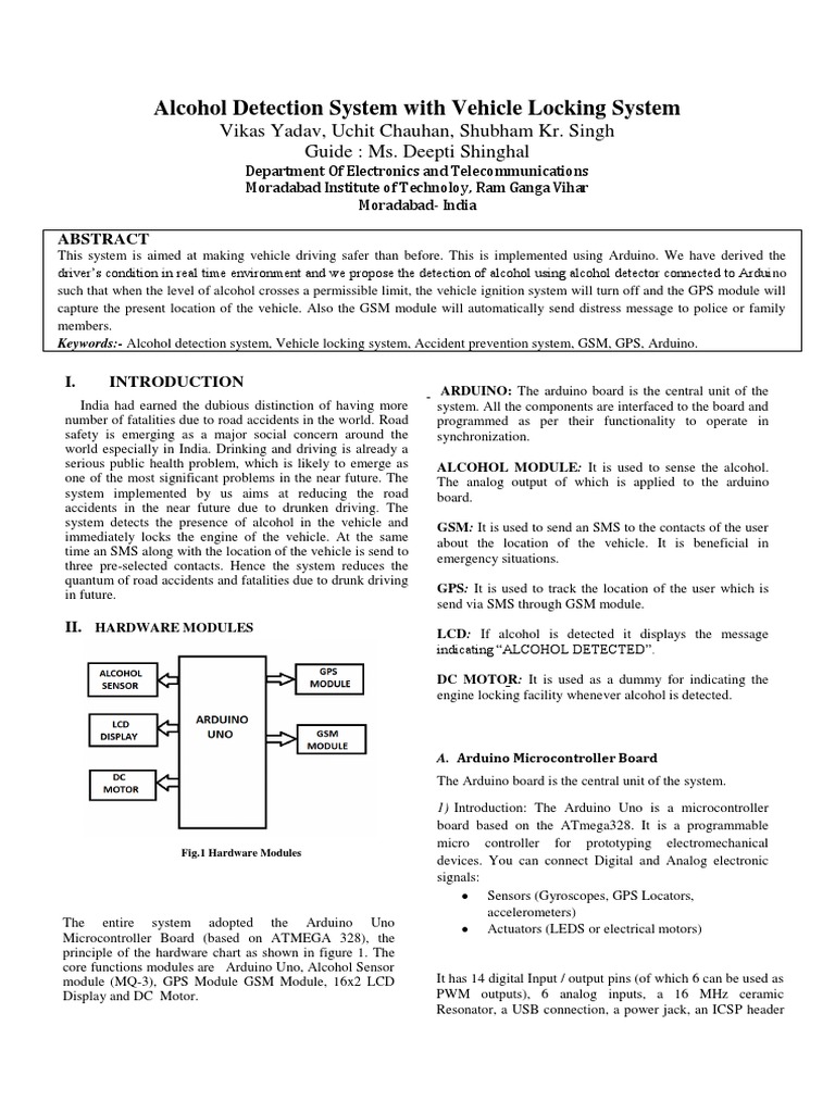Alcohol Detection System And Vehicle Engine Locking System Reseach