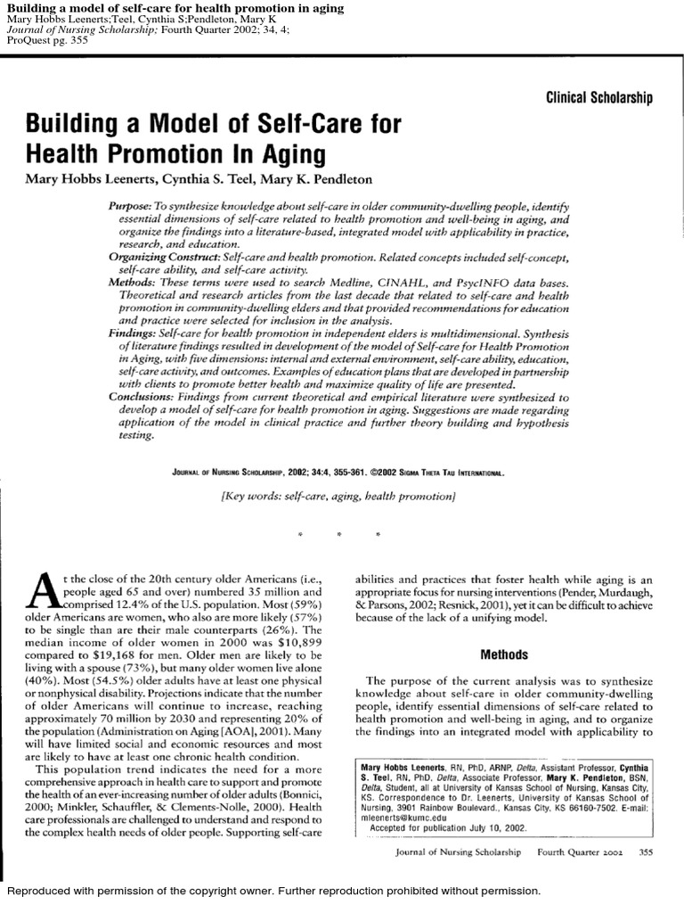 Building A Model of Self-Care For Health Promotion in Aging | PDF