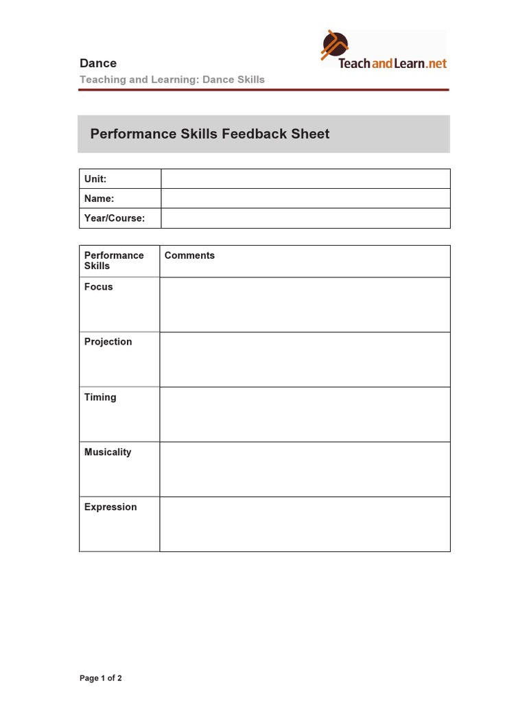 Performance Skills Feedback Sheet: Dance | PDF