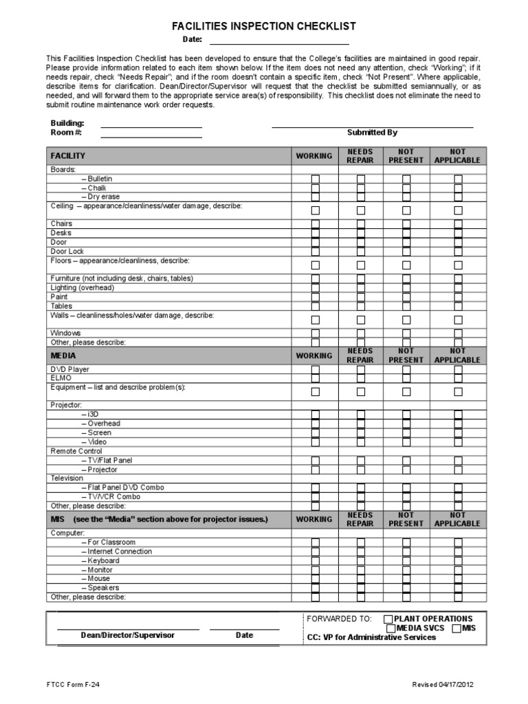 Facilities Inspection Checklist: Date | PDF | Desk | Computing