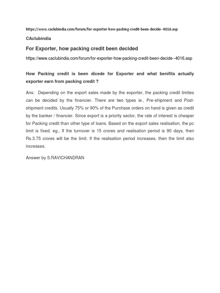 Exporters' Guide to Packing Credit | PDF