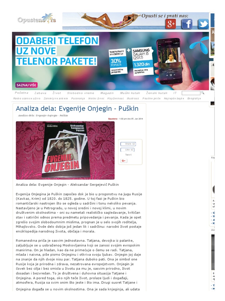 Analiza Dela - Evgenije Onjegin - Puškin Opusteno | PDF