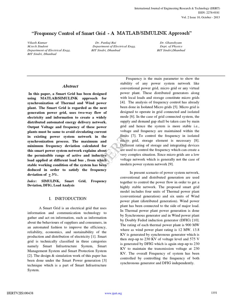 Ijert Ijert: "Frequency Control of Smart Grid - MATLAB/SIMULINK Approach" | PDF | Electrical ...