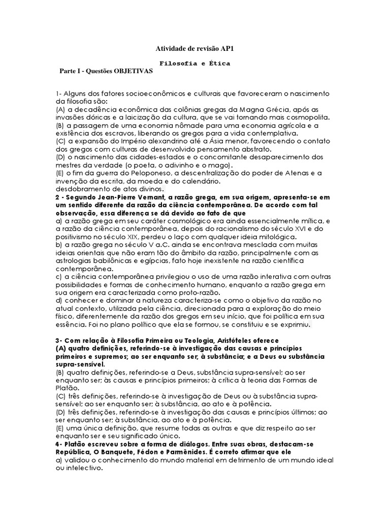 Filosofia Cederj Atividade de Revisão Ap1 | PDF | Platão | Agostinho de Hipona