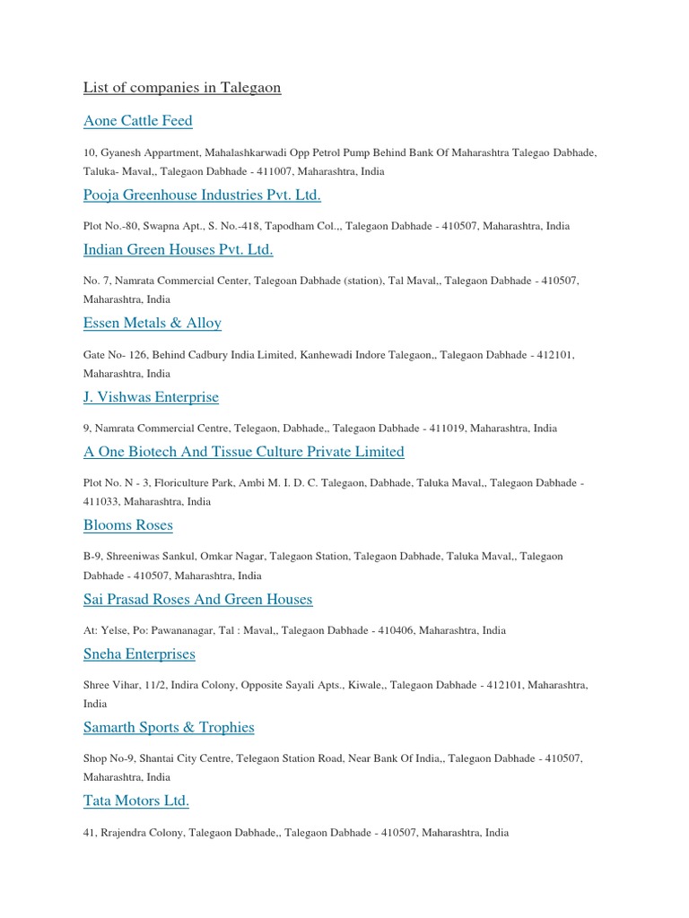 Companies in Talegaon MIDC List | PDF | Business
