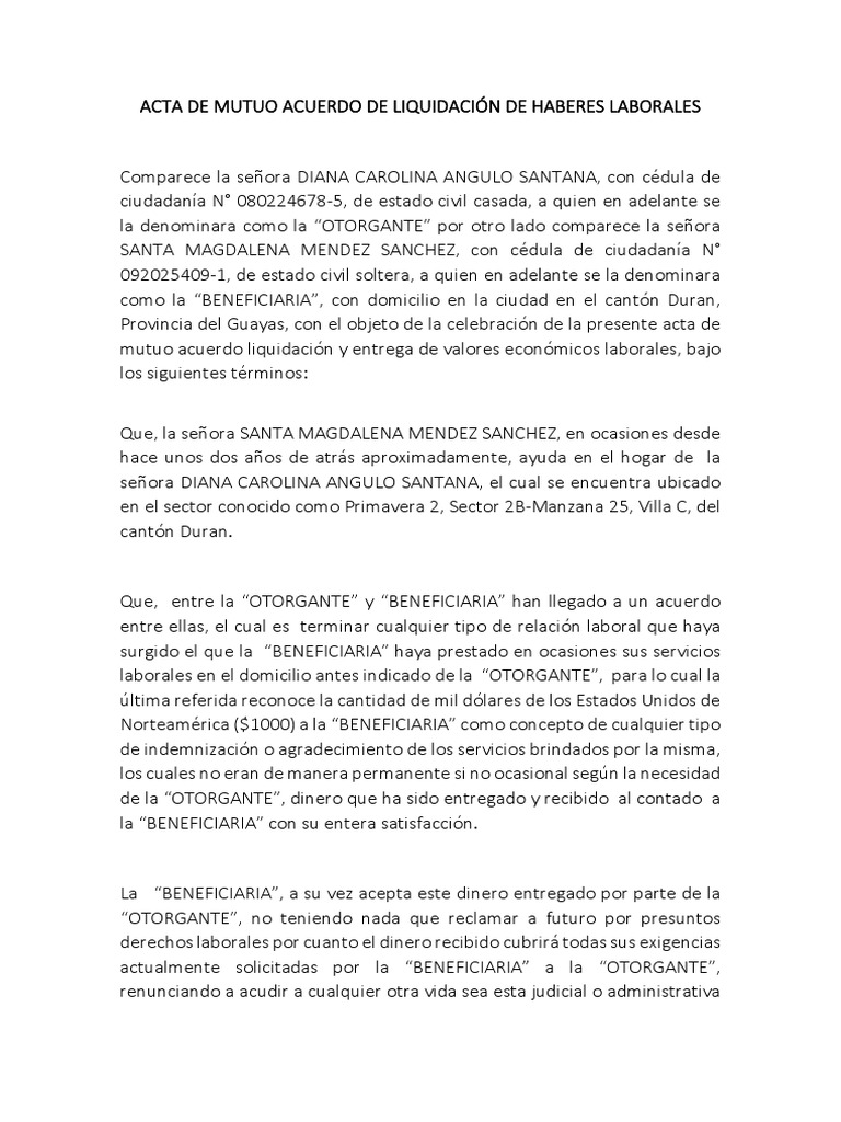 Acta de Mutuo Acuerdo de Liquidación de Haberes Laborales | PDF | Gobierno