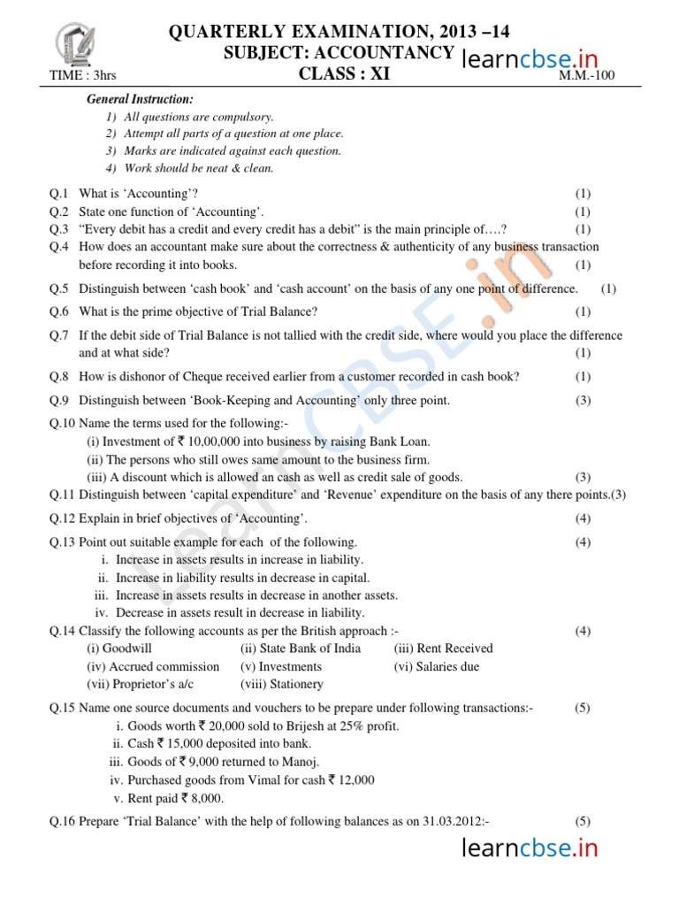 Cbse Class 11 Accountancy Sample Paper Sa1 2014 | PDF | Debits And ...