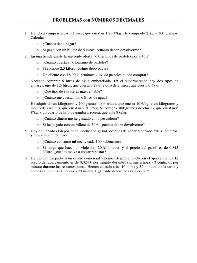 Problemas Numeros Decimales | PDF