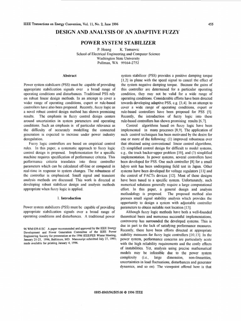 Design and Analysis of An Adaptive Fuzzy Power System Stabilizer | Download Free PDF | Control ...