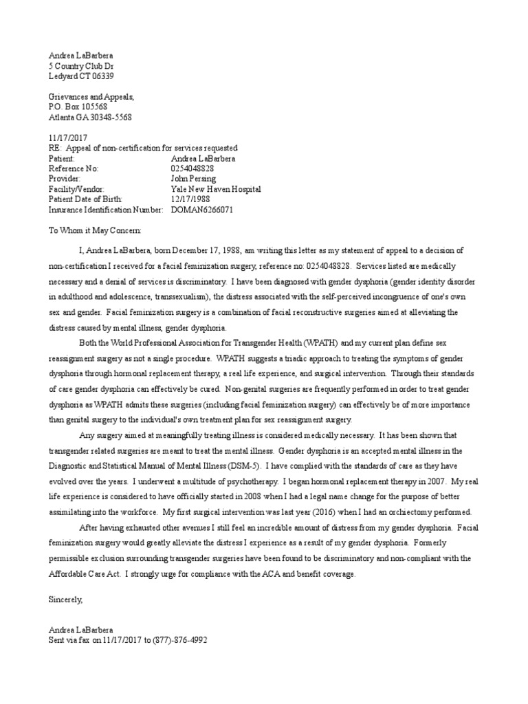 Appeal Letter Ffs | PDF | Gender Identity | Transsexual